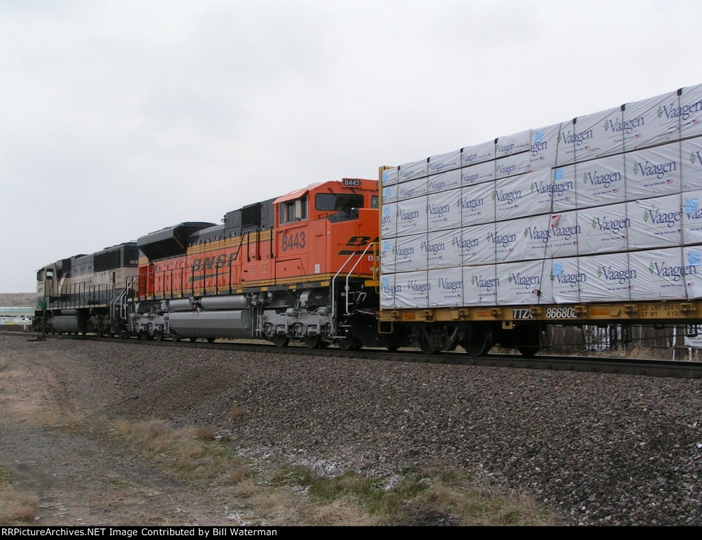 BNSF 8443 and 9686 Pushers on South Bound mixed freight Train headed by CP 8883